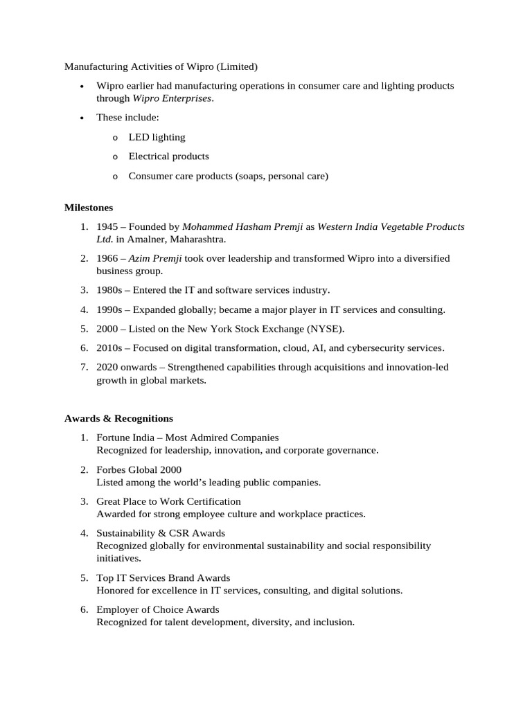 Wipro Manufacturing Operations Overview | PDF