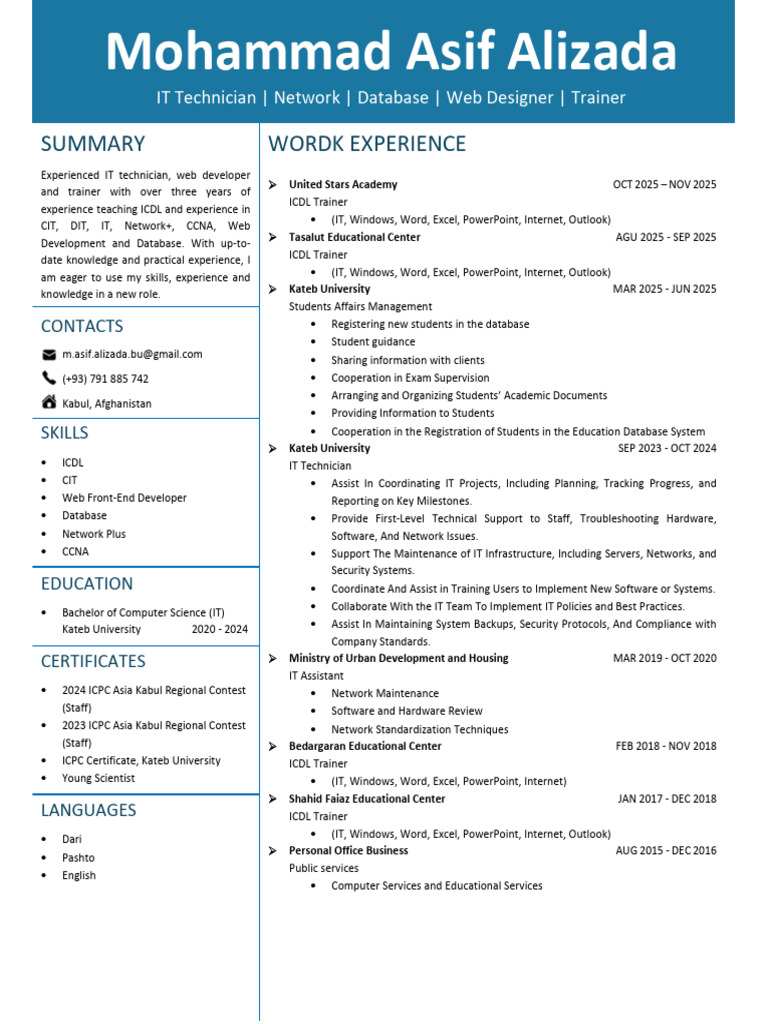IT Technician & ICDL Trainer Resume | PDF | Cisco Certifications | Internet