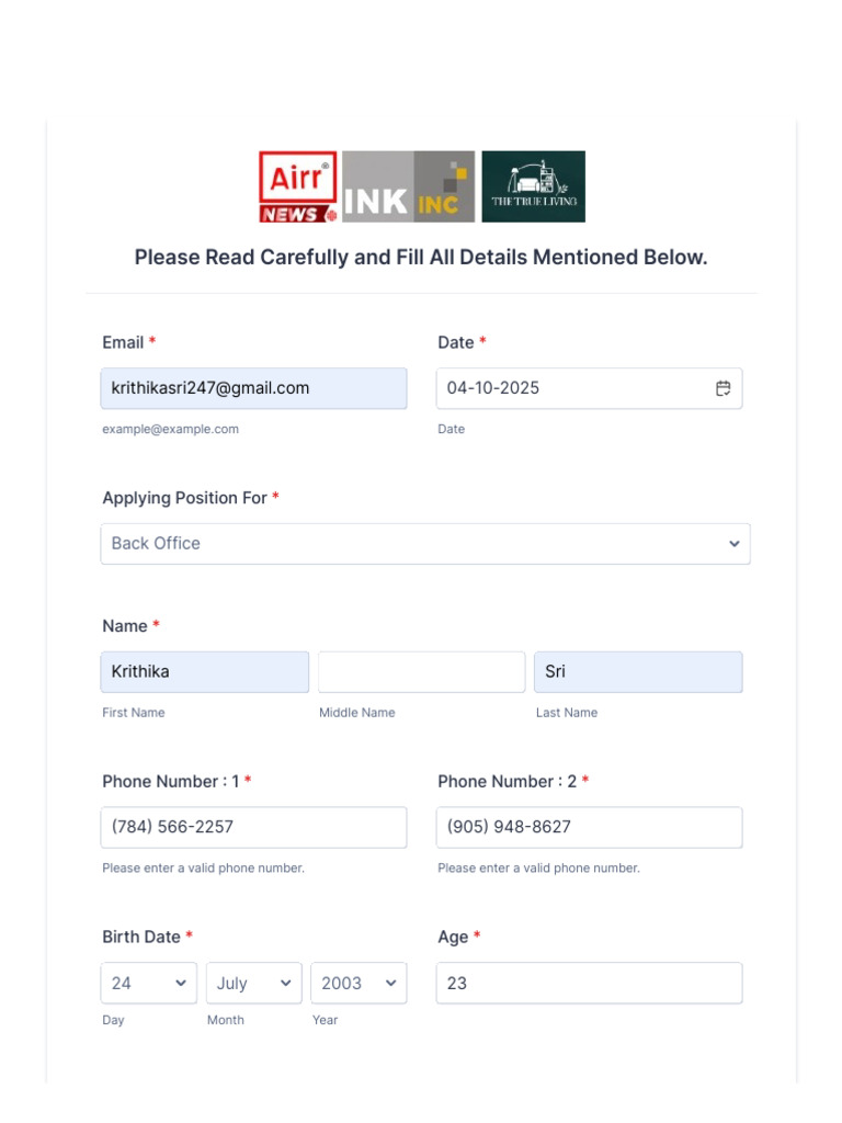 Back Office Job Application Form | PDF