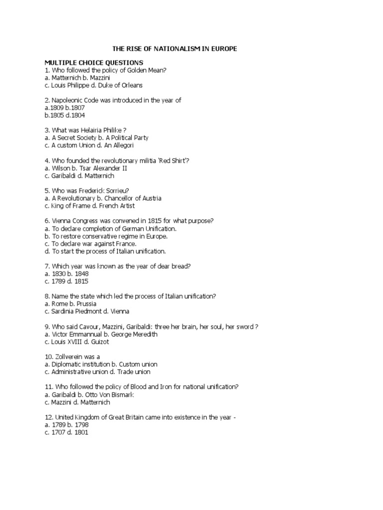 The Rise of Nationalism in Europe Multiple Choice Questions | PDF ...