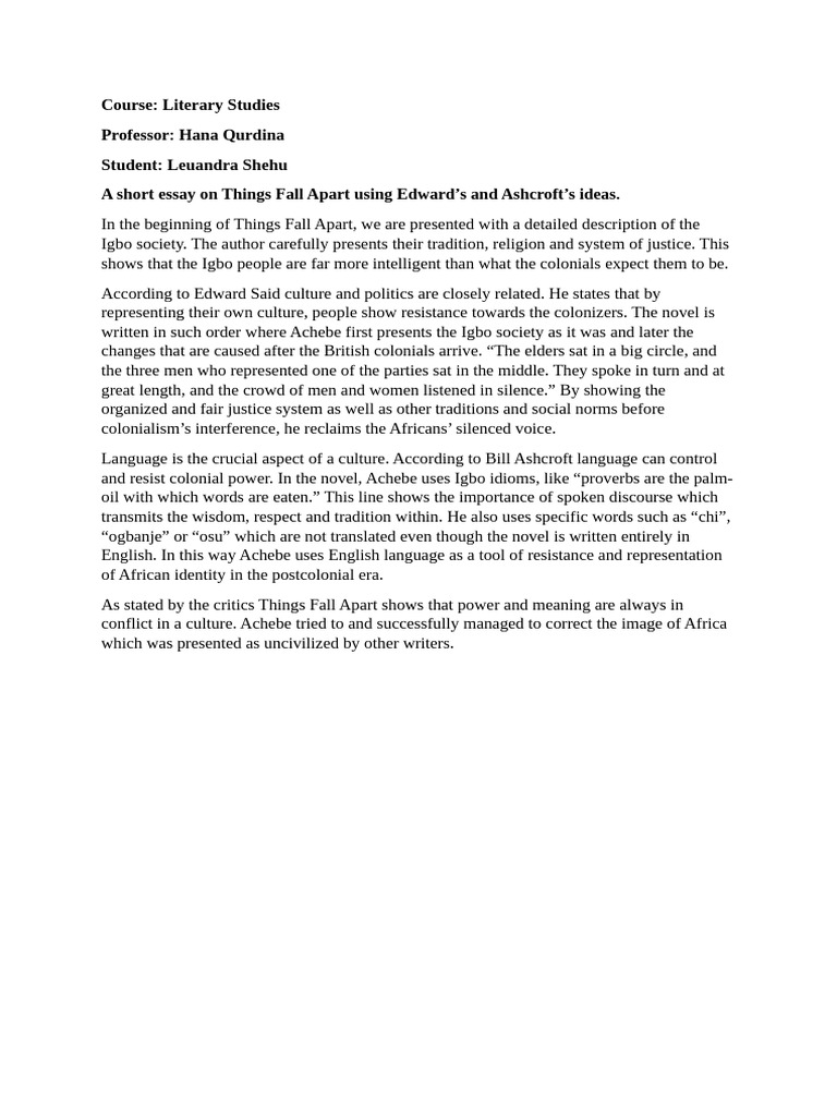 A Short Essay on Things Fall Apart Using Edward’s and Ashcroft’s Ideas ...