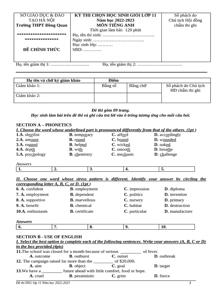 Đe Thi HSG t. Anh Lop 11 Năm 2022-2023 Doc (Chuẩn) | PDF | Vocational ...