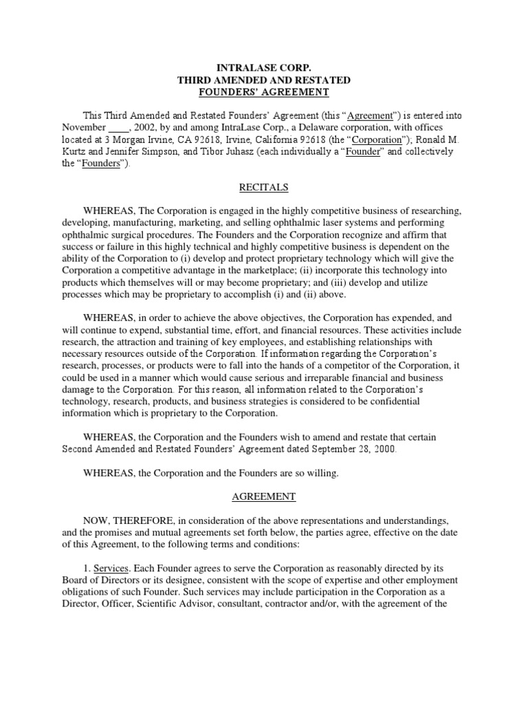 IntraLase Founders' Agreement 2002 | PDF | Breach Of Contract | Stocks