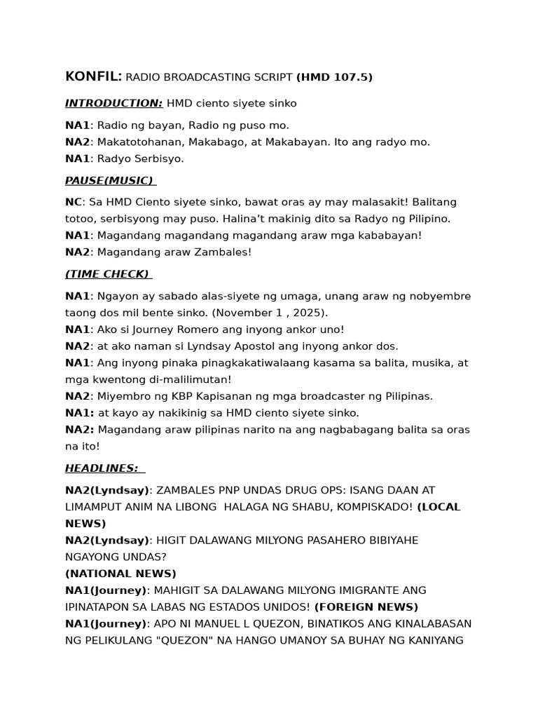 Radio Broadcasting Script (HMD 107.5) | PDF