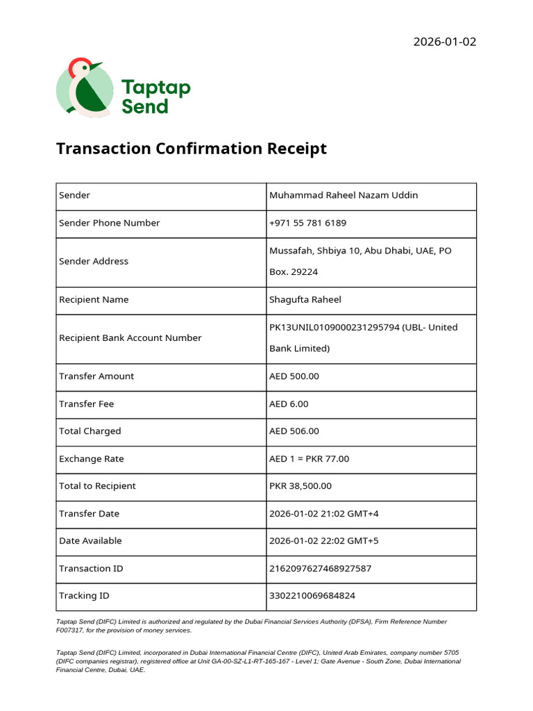 Transaction Receipt for AED 500 Transfer | PDF