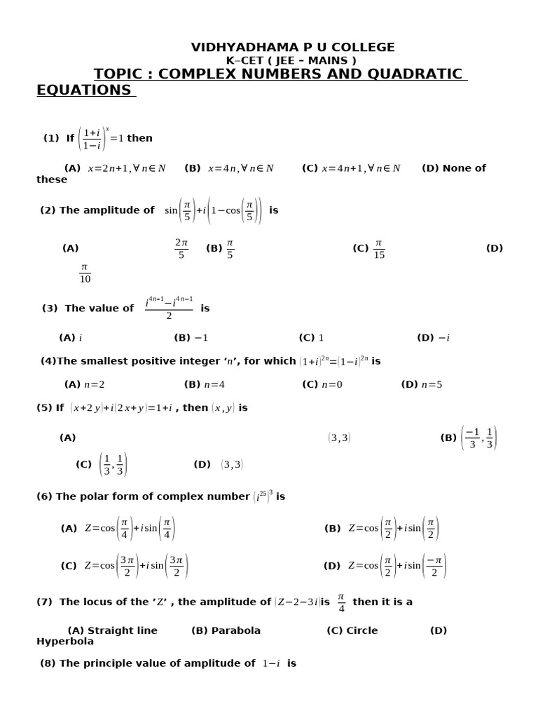 Complex Numbers & Quadratic Equations | PDF | Coordinate System ...