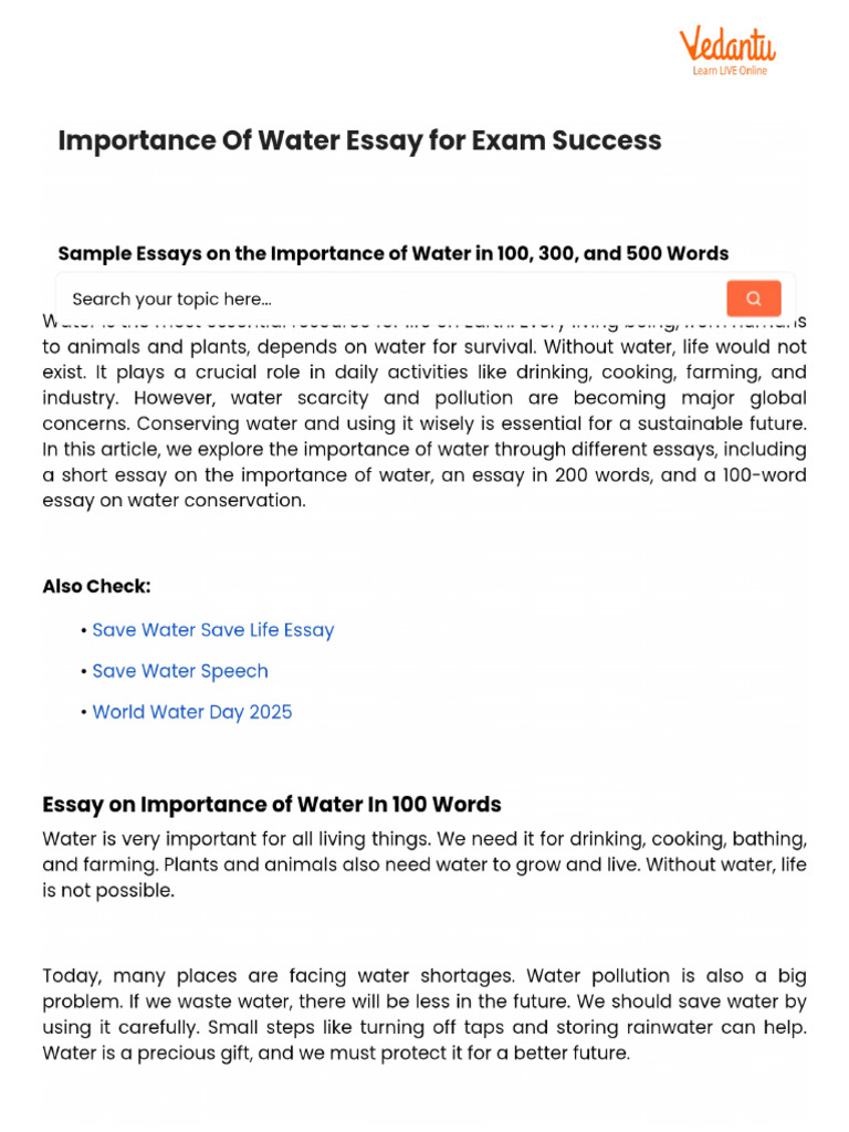 Importance of Water Essay for Exam Success | PDF