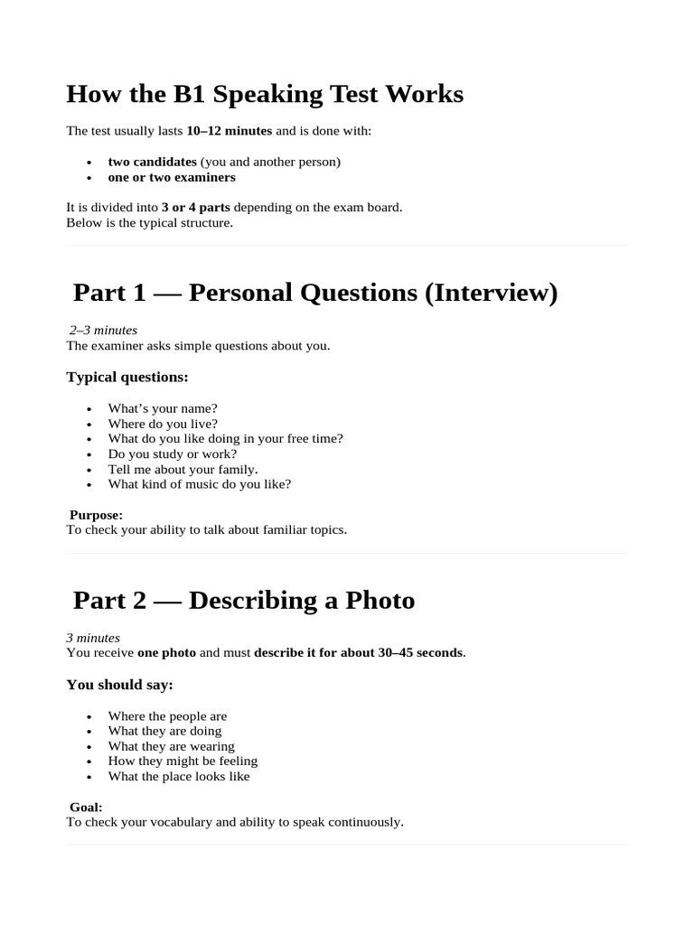 B1 Speaking Test Structure Explained | PDF