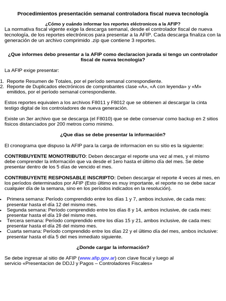 Reportes AFIP Controlador Fiscal Nueva Tecnología | PDF