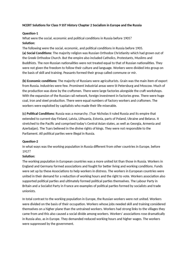 NCERT Solutions For Class 9 SST History Chapter 2 Socialism in Europe ...