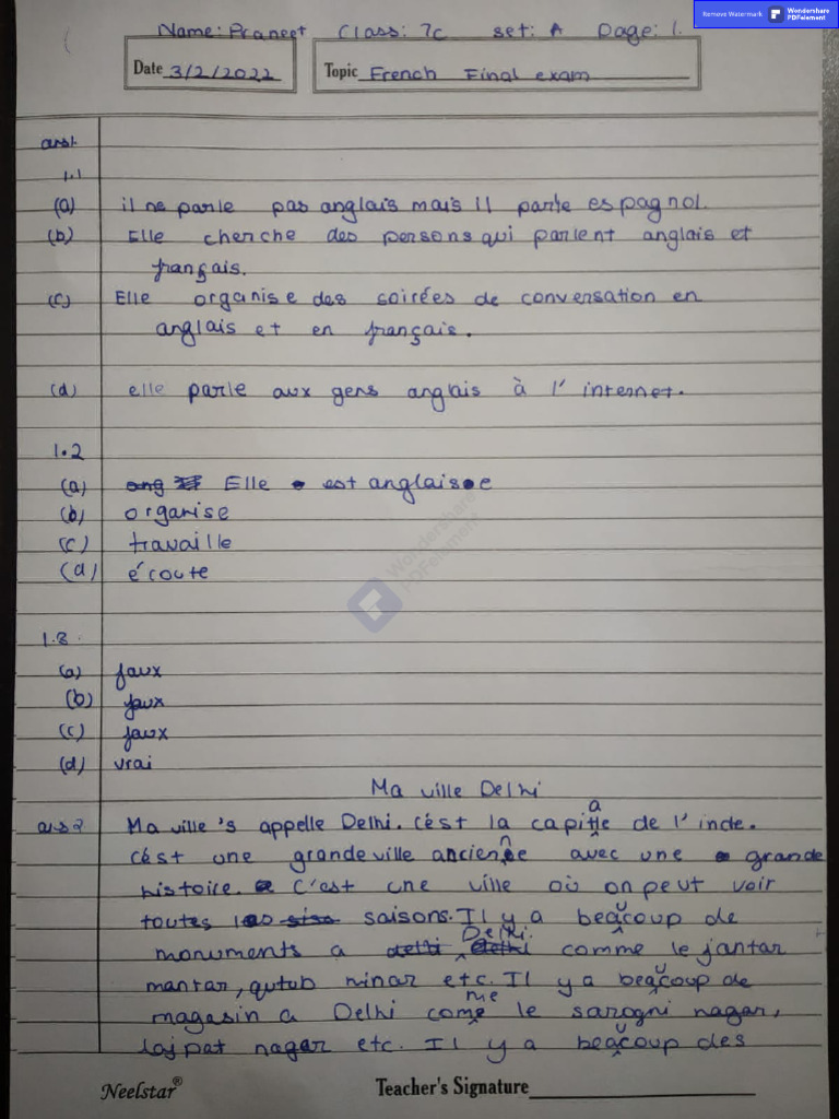 French Final Exam Class 7 C Prannet | PDF