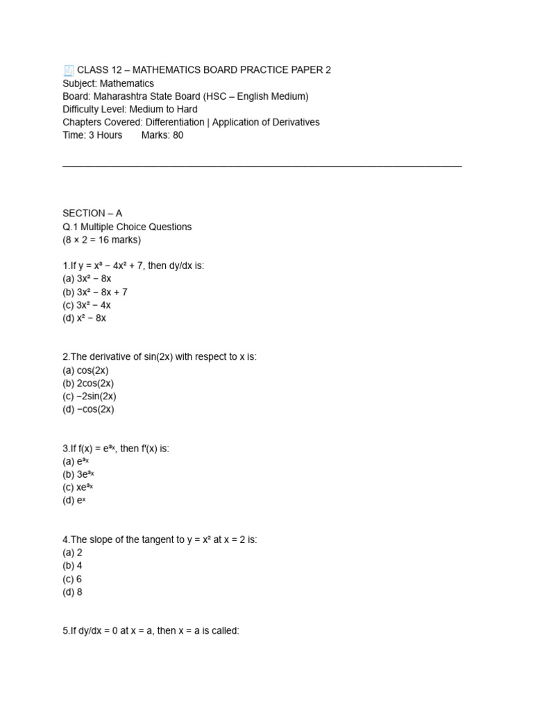 Class 12 Math Practice Paper: Derivatives | PDF | Tangent | Derivative