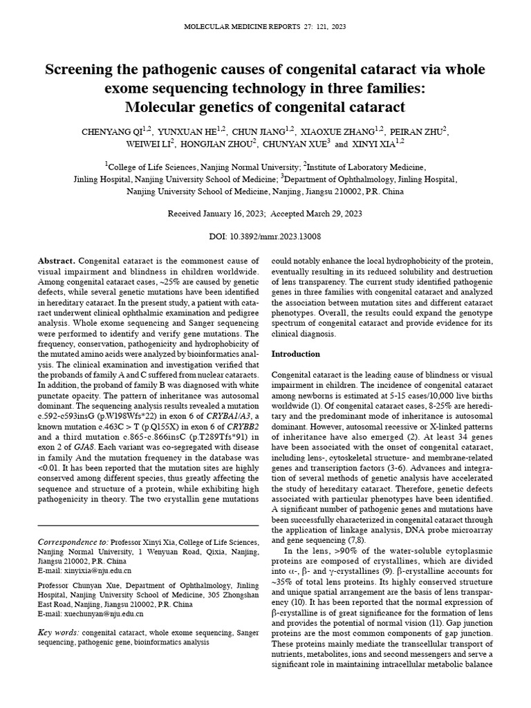 Genetic Causes of Congenital Cataract | PDF | Genetic Code | Gel ...