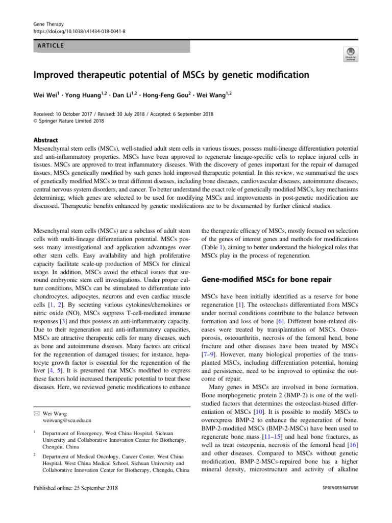 Genetically Modified MSCs for Therapy | PDF | Mesenchymal Stem Cell ...