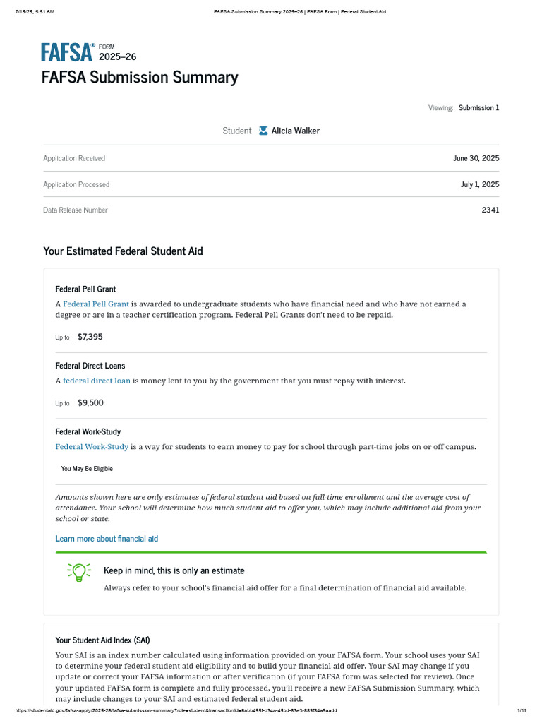 FAFSA Submission Summary 2025-26 FAFSA Form Federal Student Aid | PDF ...