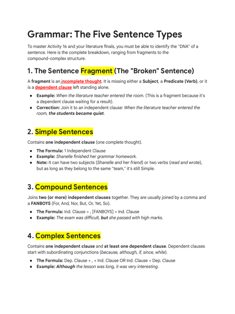 Understanding Five Sentence Types | PDF | Linguistic Typology ...