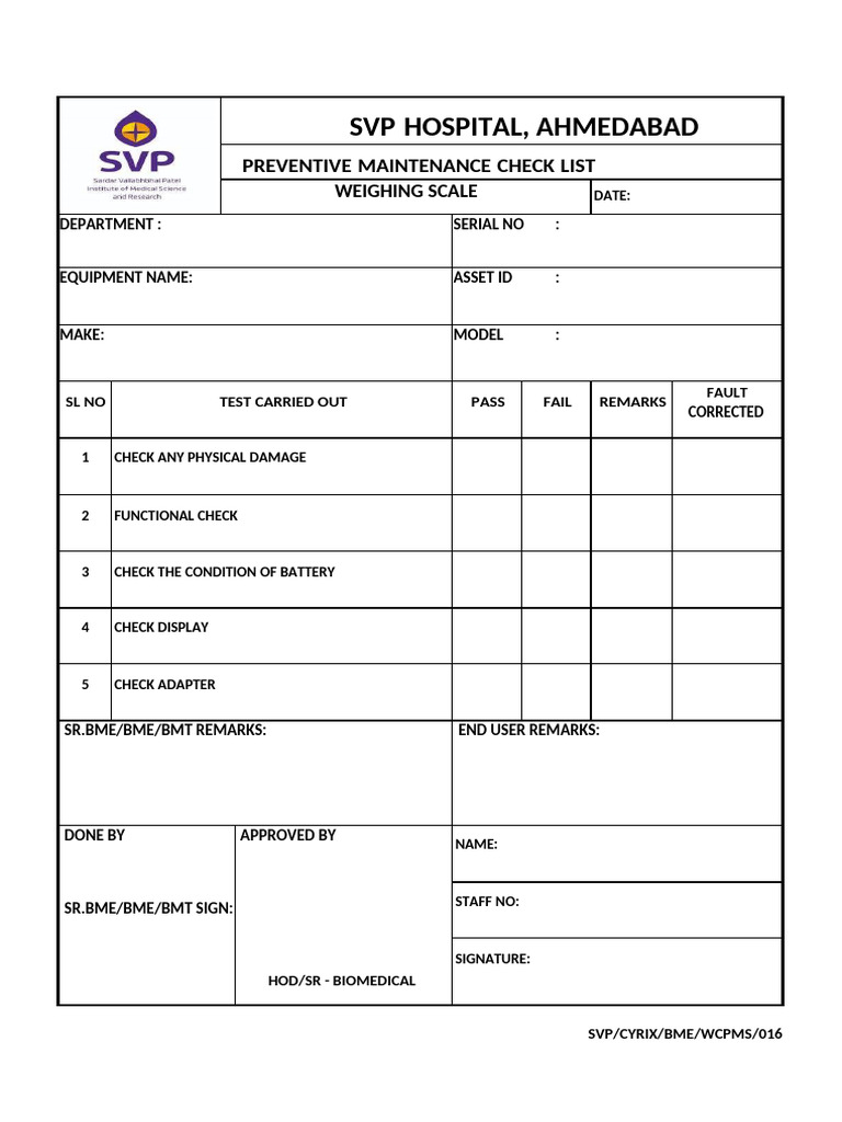 16 Approved Pms Checklist - Weighing Scale-2023 | PDF