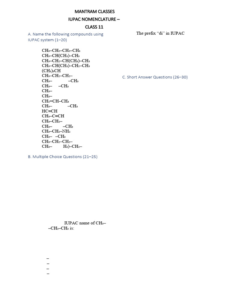 IUPAC Nomenclature Practice for Class 11 | PDF