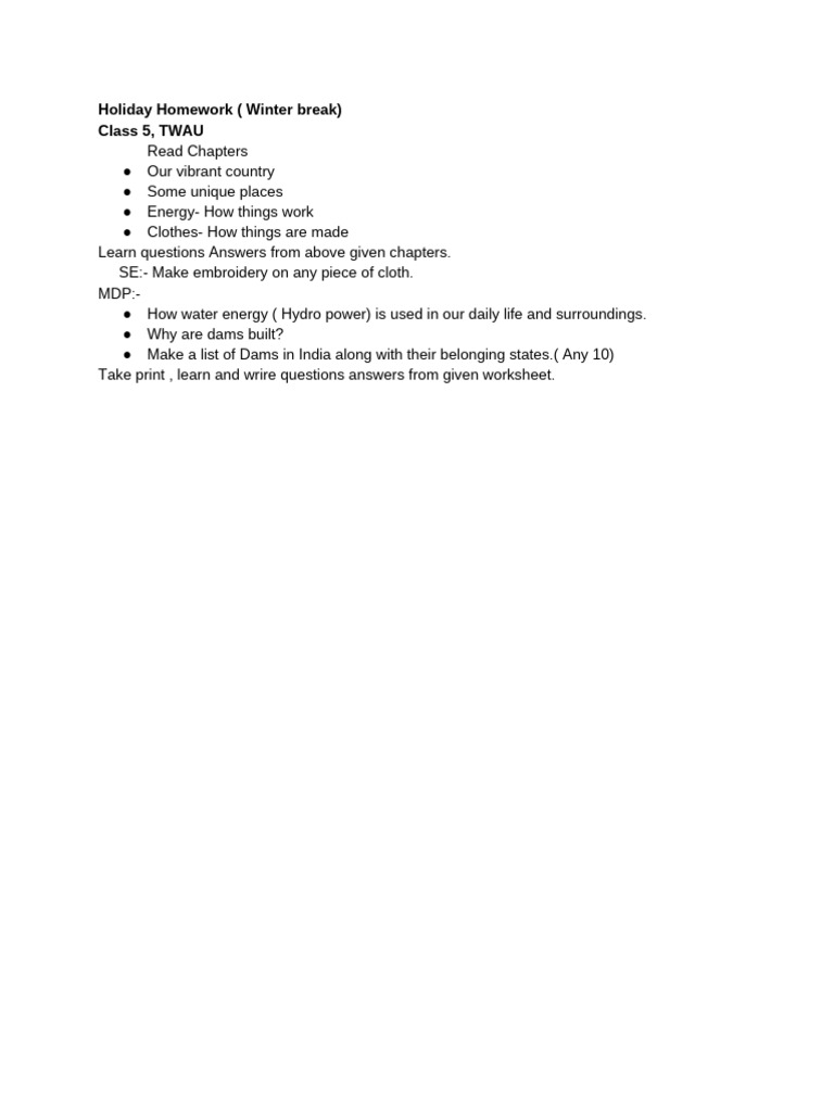 Class5 Twau Holiday Homework (Winter Break) | PDF