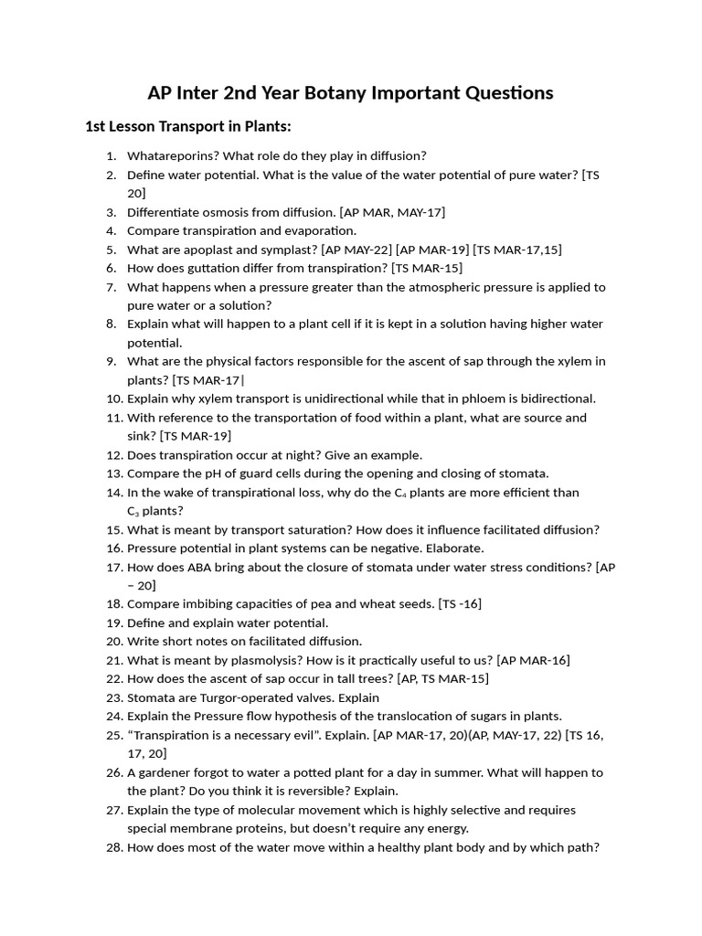 AP Inter Botany: Key Questions Guide | PDF | Photosynthesis | Enzyme