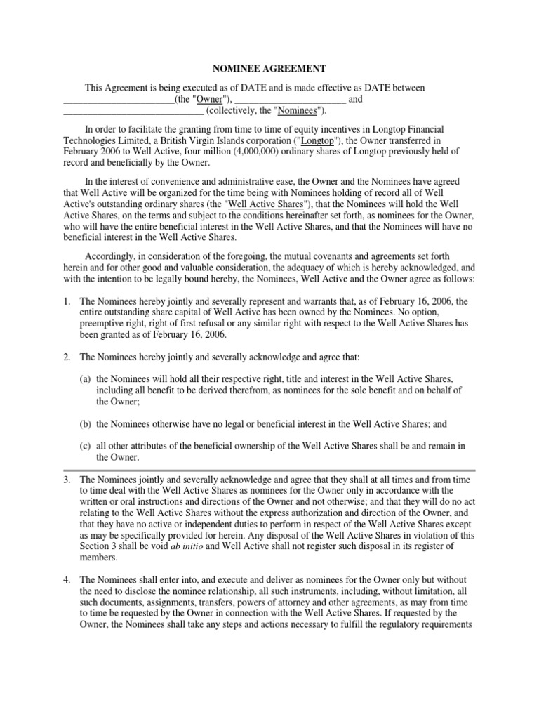 Nominee Agreement for Shareholding | PDF | Breach Of Contract | Arbitration