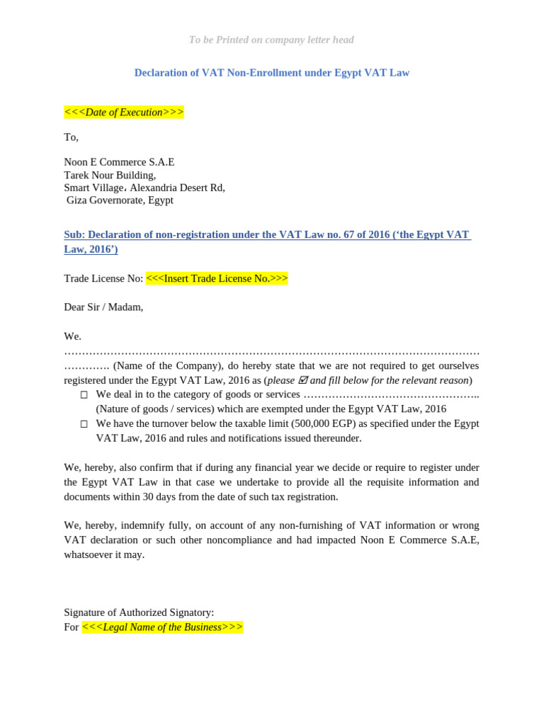 VAT Non-Enrollment Declaration Egypt | PDF