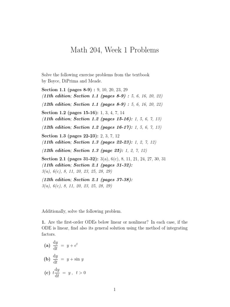 Math 204 Week 1 Problem Set Solutions | PDF