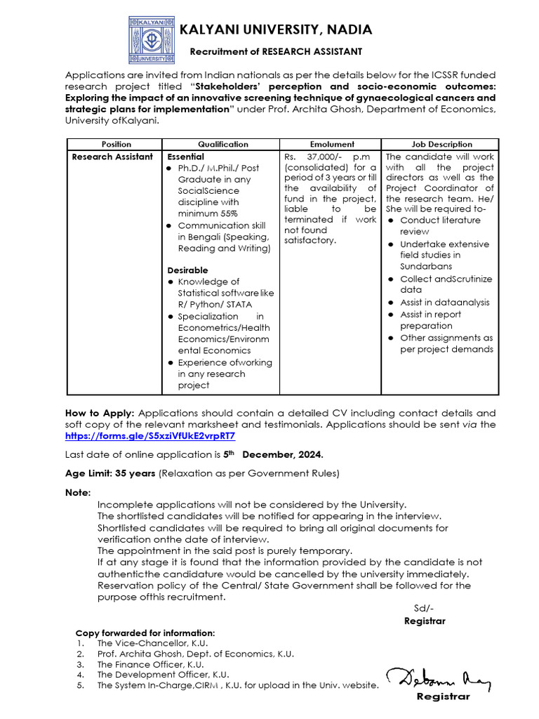 Kalyani University Research Assistant Role | PDF