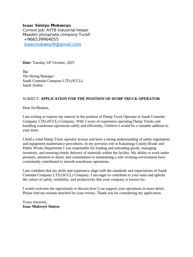 Dump Truck Operator Application Letter | PDF | Warehouse | Truck