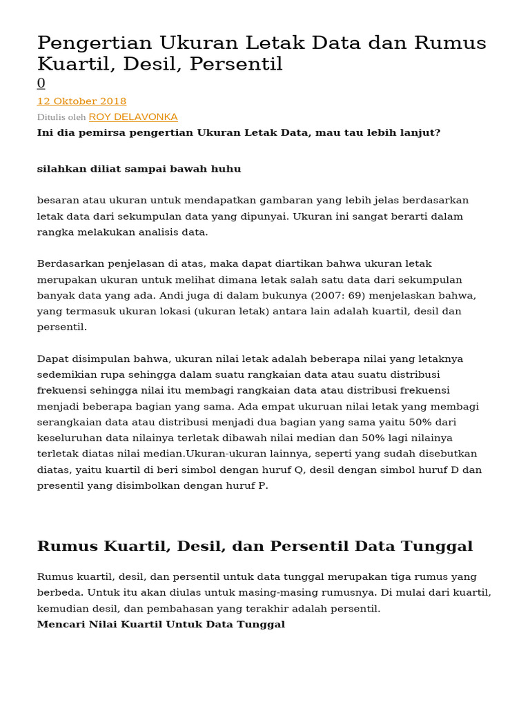 Ukuran Letak Data: Kuartil, Desil, Persentil | PDF
