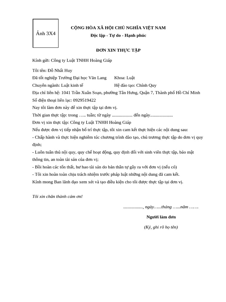 Mau Don Xin Thuc Tap 1 | PDF