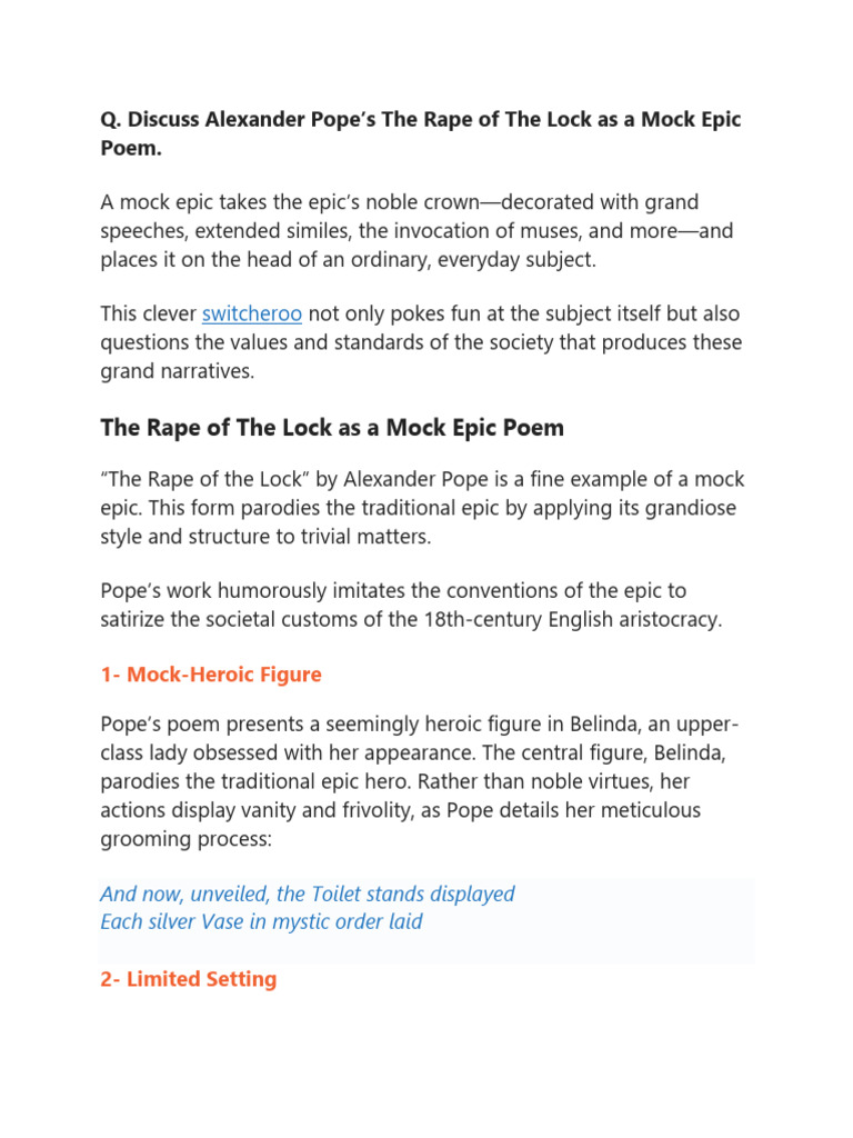 The Rape of The Lock As A Mock Epic | PDF