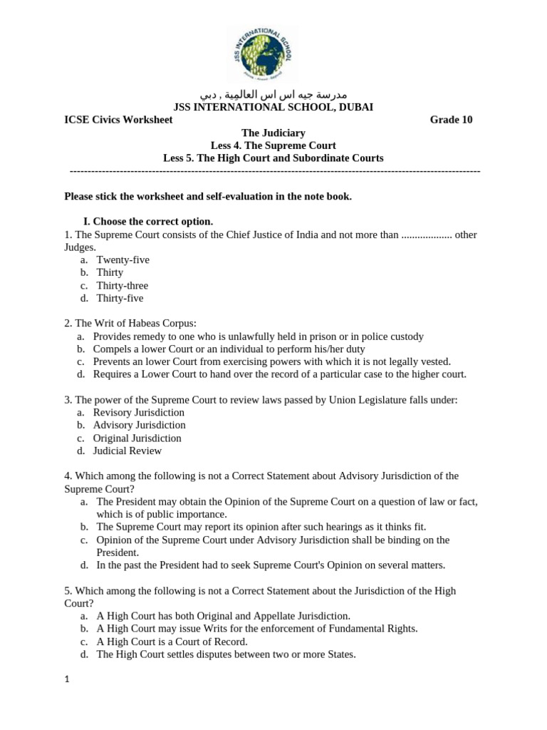 ICSE Grade 10 Judiciary Worksheet | PDF | Supreme Court Of The United ...
