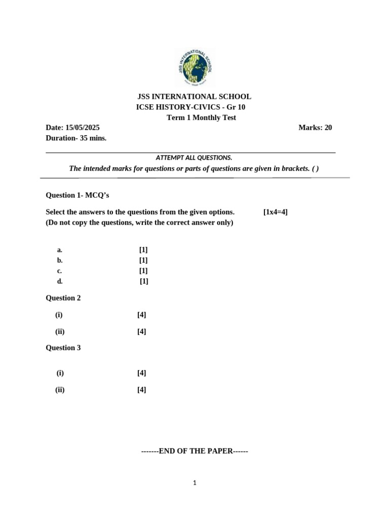 History Monthly Test Term 1 2025 Paper Pattern (1) | PDF