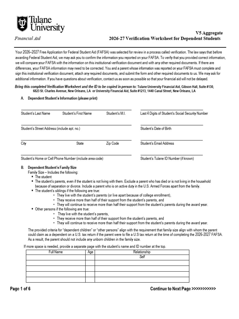 2026-27 Dependent Verification Worksheet | PDF | Internal Revenue ...
