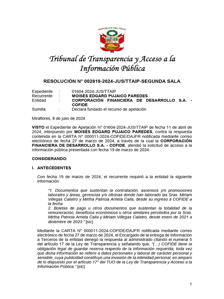 RESOLUCIÓN N° 002819-2024-JUS TTAIP-SEGUNDA SALA | PDF | Leyes de ...