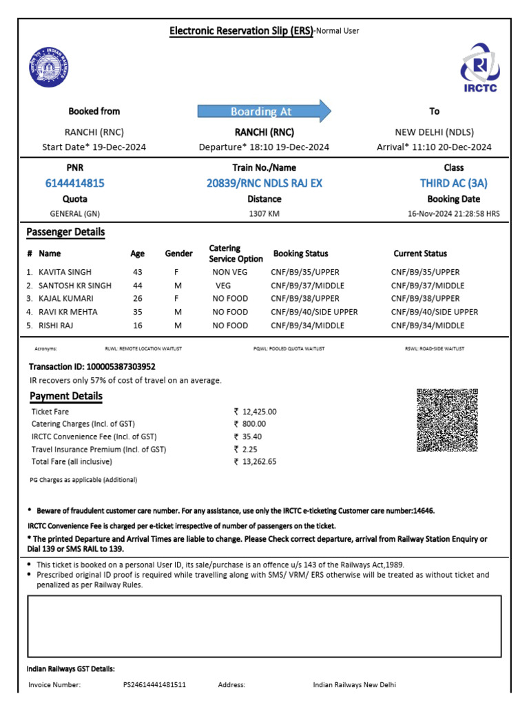 Electronic Reservation Slip for Train Ticket | PDF | Identity Document