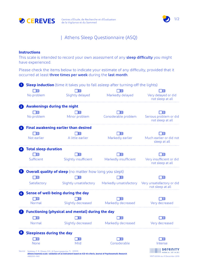 BioSerenity Athens Sleep Questionnaire ASQ ENG | PDF | Sleep | Insomnia
