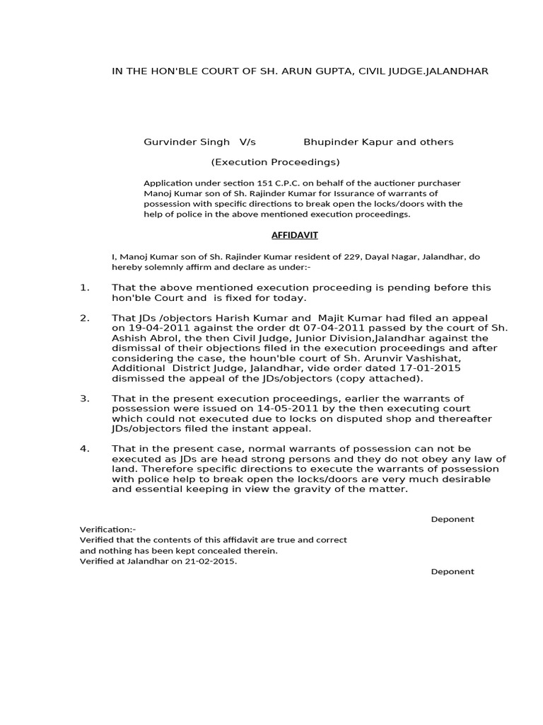 Affidavit in Application For Warrants of Possession in Execution ...