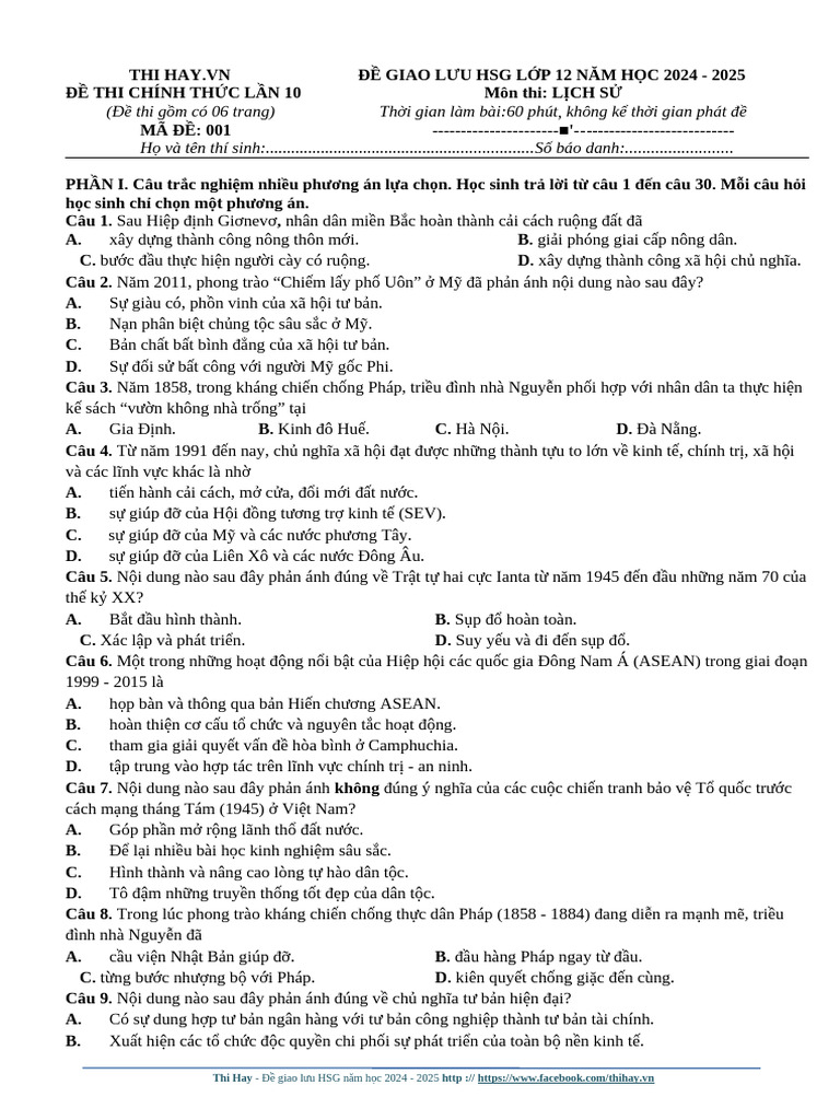 [LS12] - HSG 12 - THIHAY.VN LẦN 10 - NĂM 2024-2025 | PDF