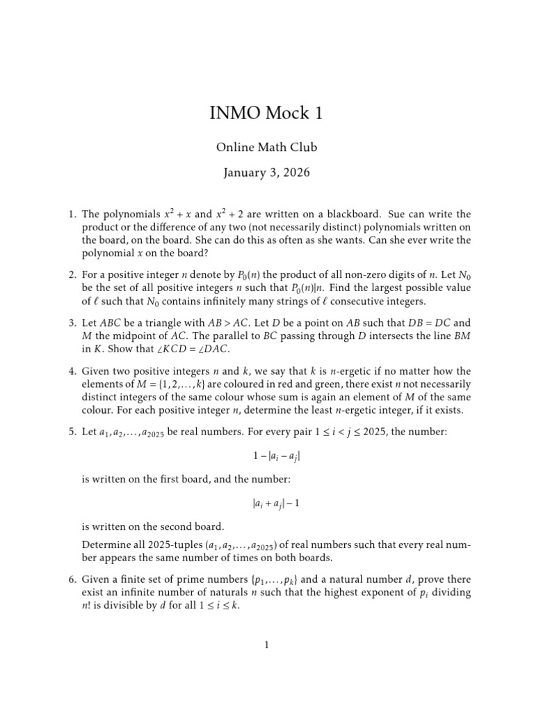 INMO Mock 1 Math Problems and Solutions | PDF
