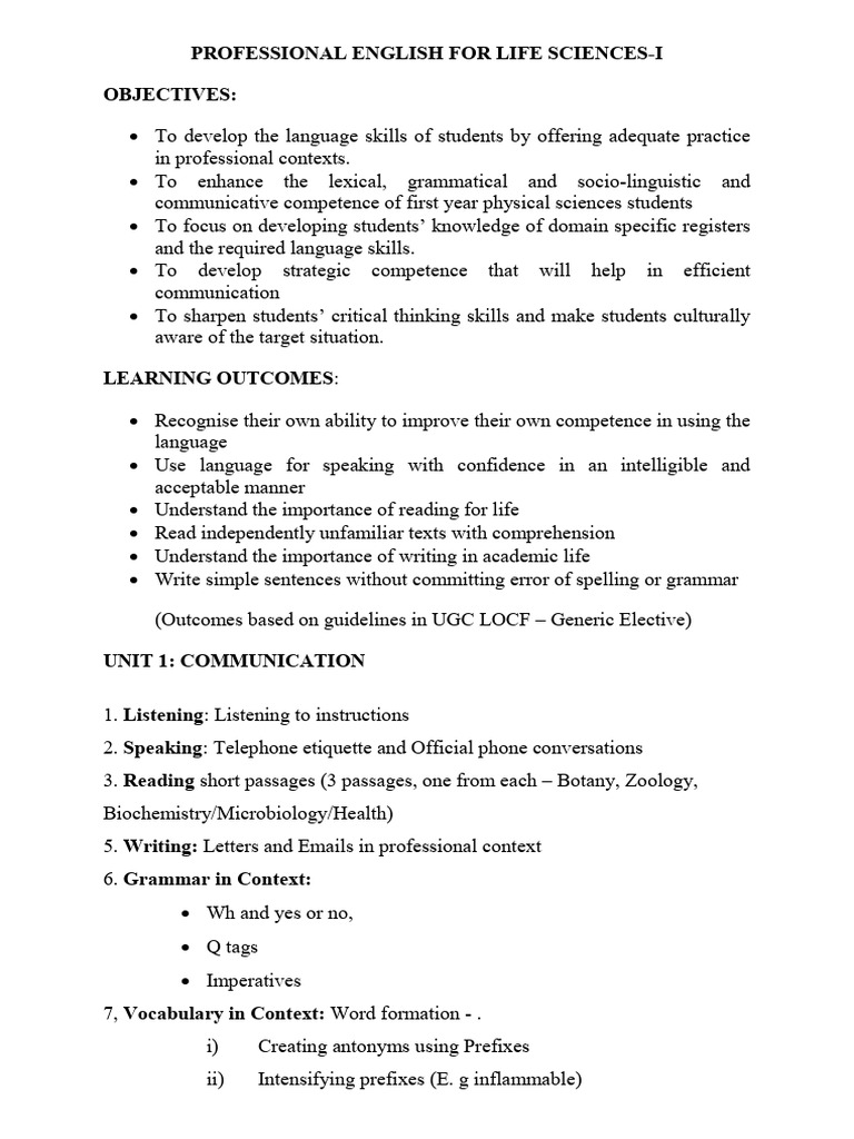 Life Sciences-I (Syllabus) | PDF | Vocabulary | Subject (Grammar)