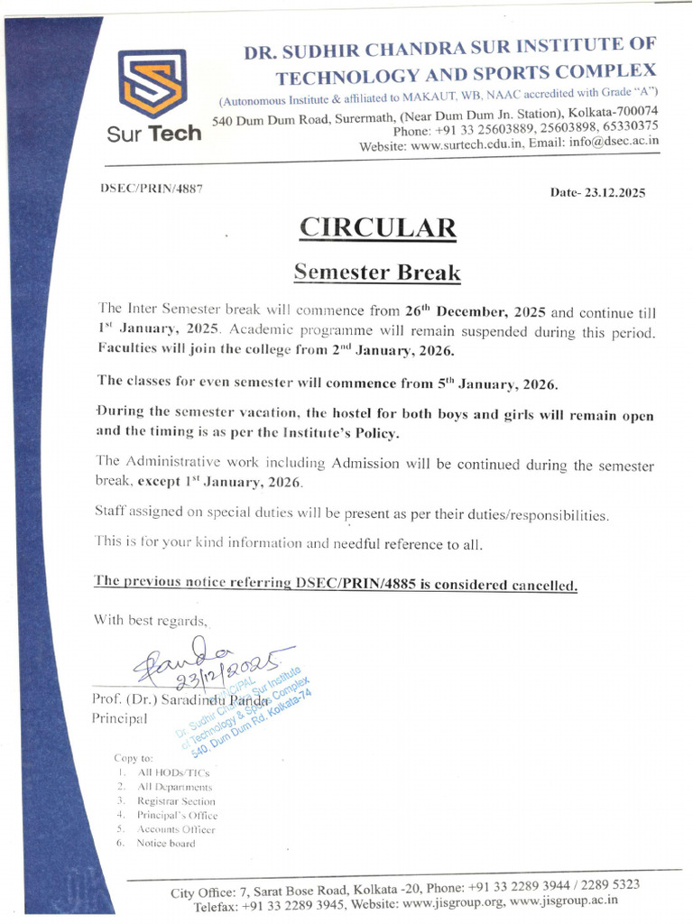 Modified Circular - Semester Break - 23.12.2025 | PDF