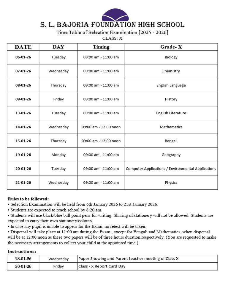 Time Table- Selection Examination 2025-26 Class- X | PDF