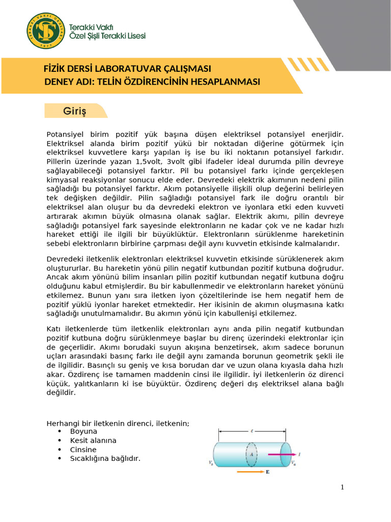 Naz Basman - 10.sınıf Performans Nikron Telin Özdirenci | PDF