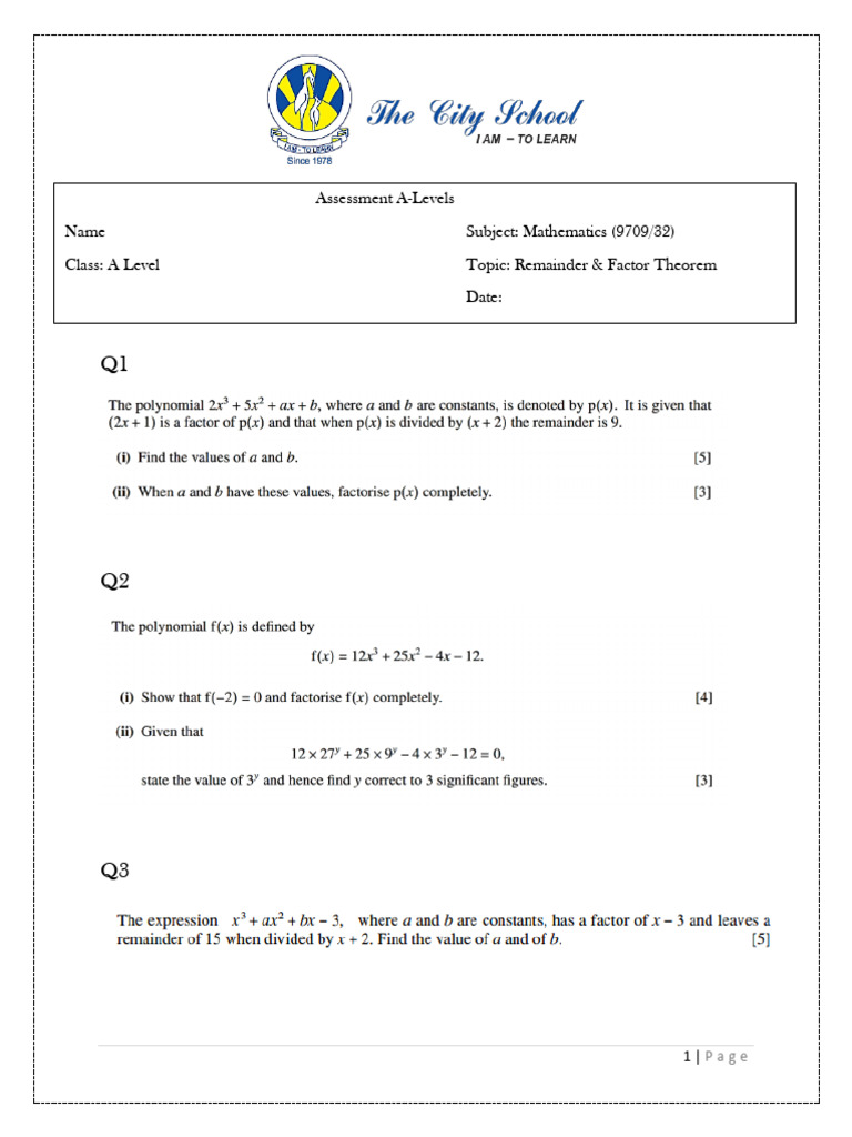 Remainder and Factor Theorem | PDF