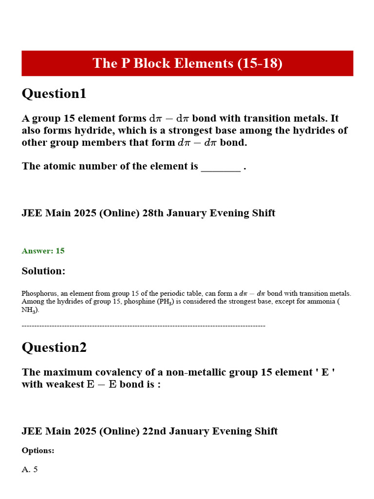p Block Pyqs | PDF | Nitrogen | Carbonate
