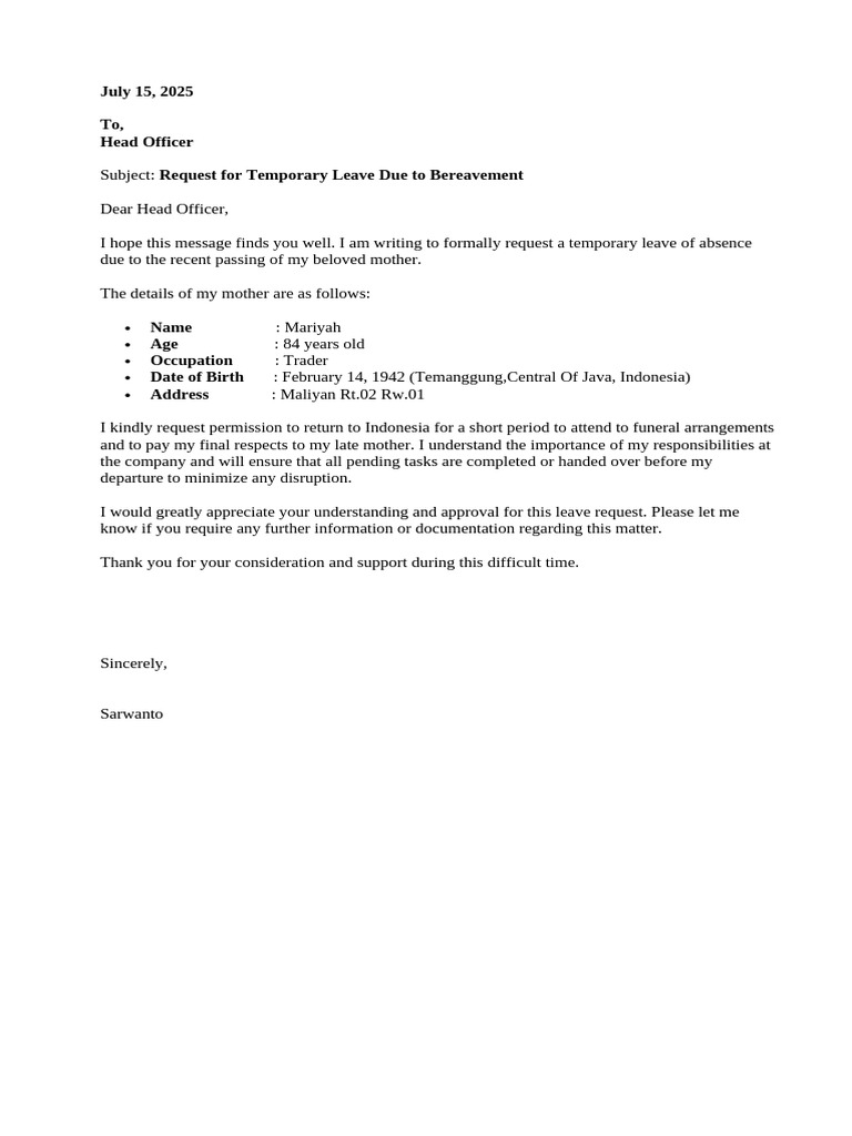 Leave Request for Bereavement | PDF