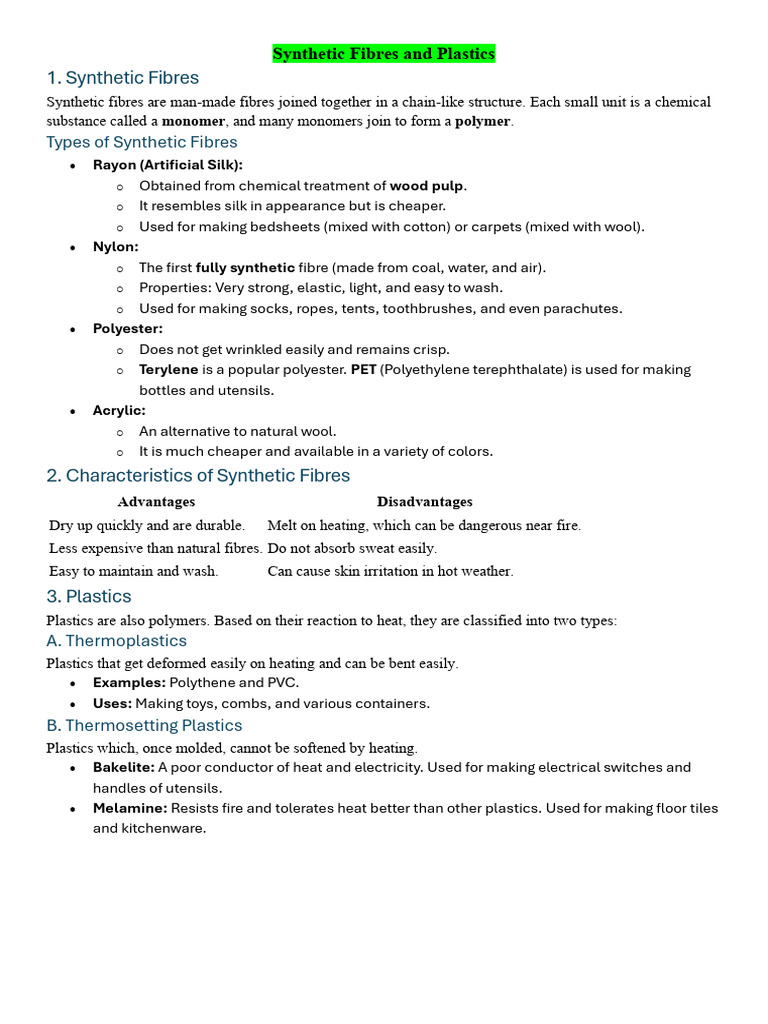 Synthetic Fibres and Plastics Class 8 | PDF | Plastic | Fibers