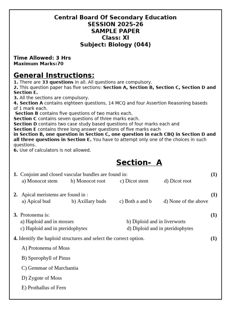 Class XI Biology Sample Paper 2025-26 | PDF | Leaf | Root